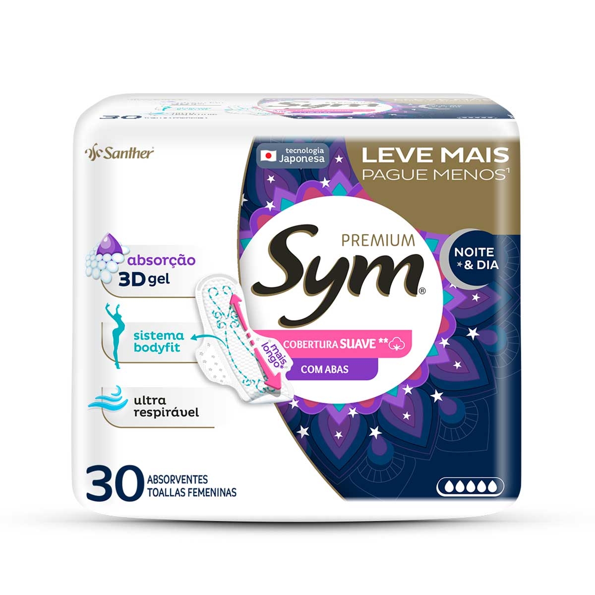 Absorvente Noturno Sym Premium Suave Com Abas 30 Unidades | Droga Raia