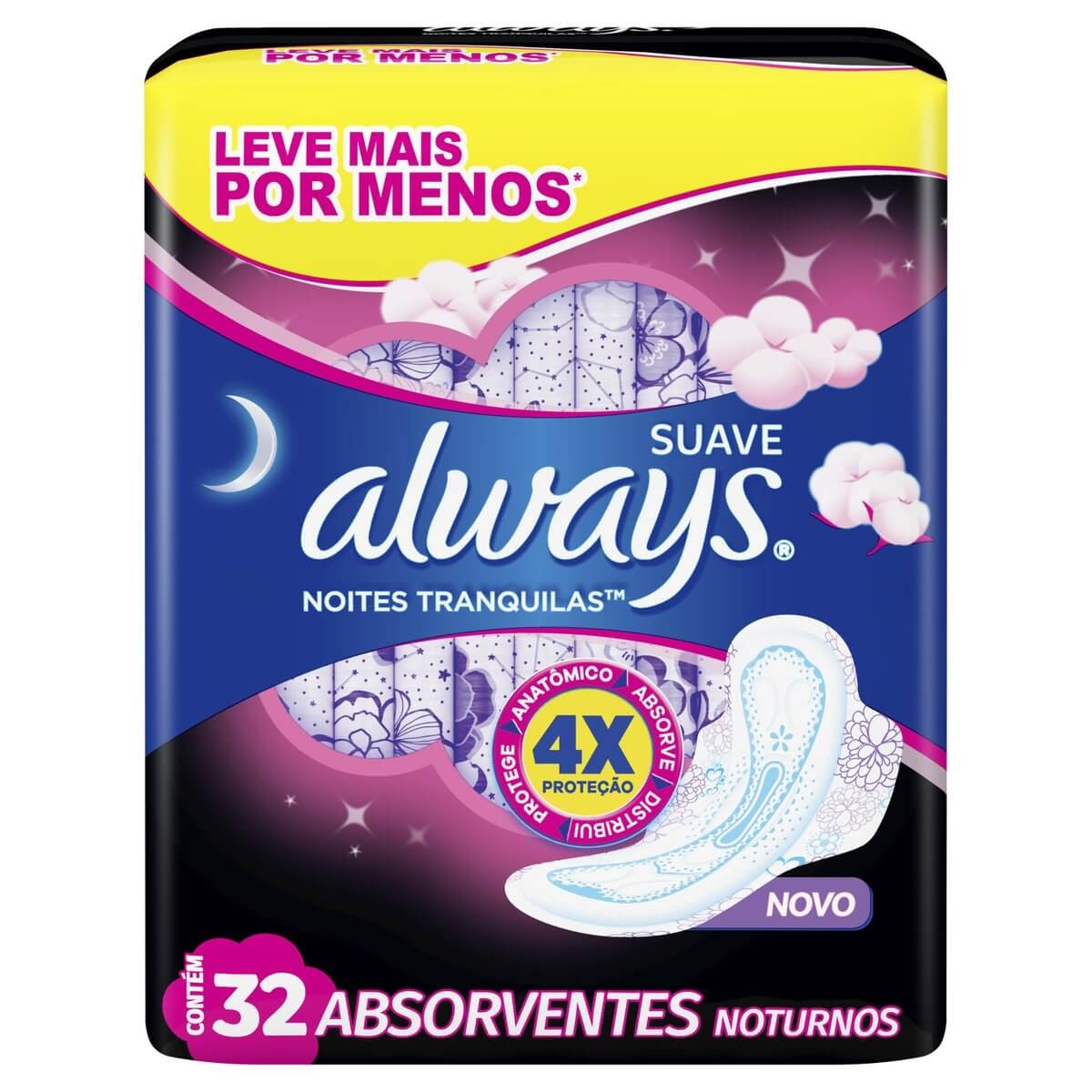 Absorvente Always Noites Tranquilas Cobertura Suave com Abas com 32 ...