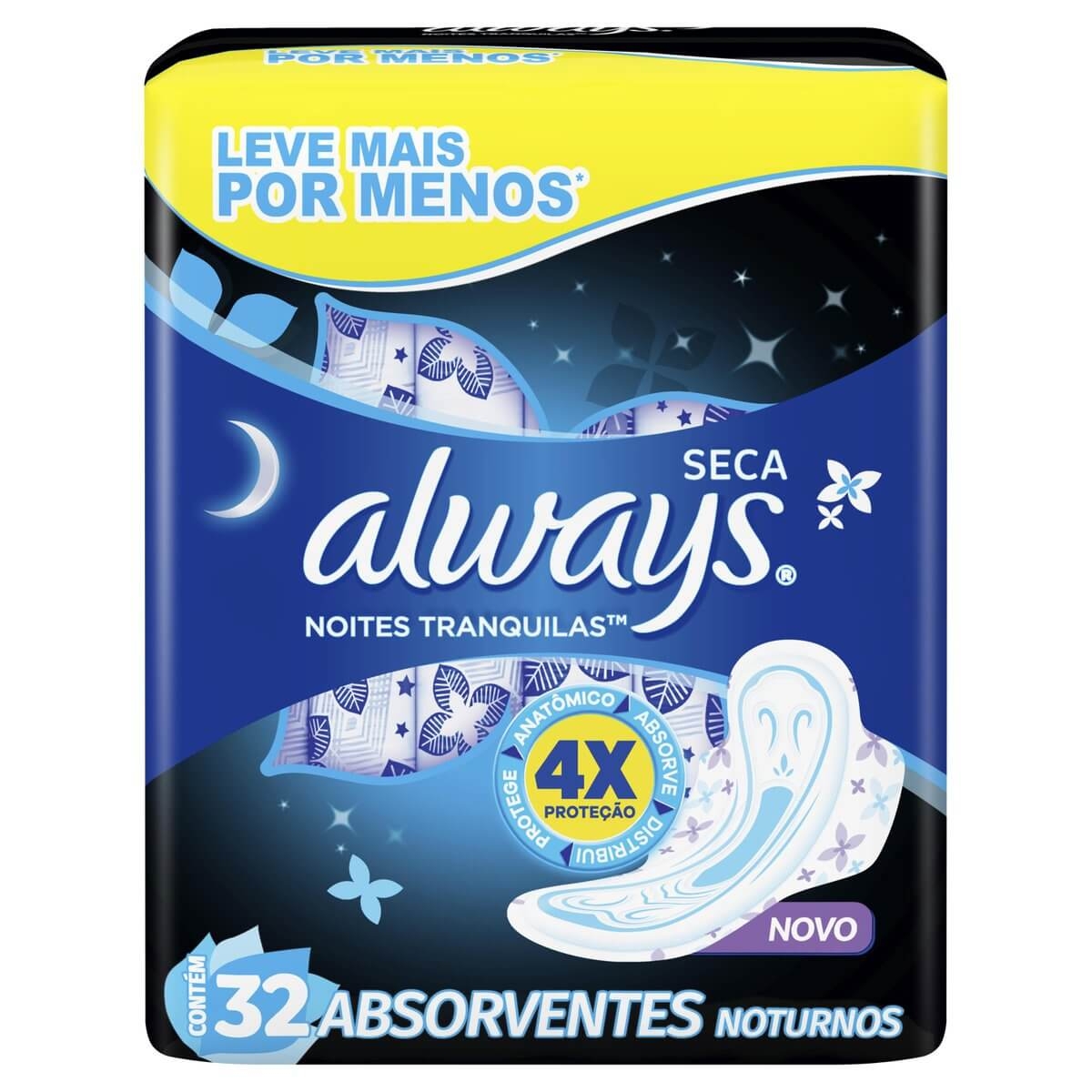 Absorvente Always Noites Tranquilas Cobertura Seca com Abas com 32 ...