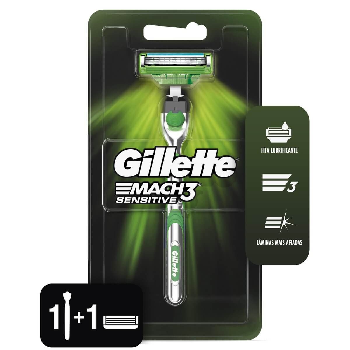 Aparelho de Barbear Gillette Mach3 Sensitive + 1 Carga com 1 Unidade ...