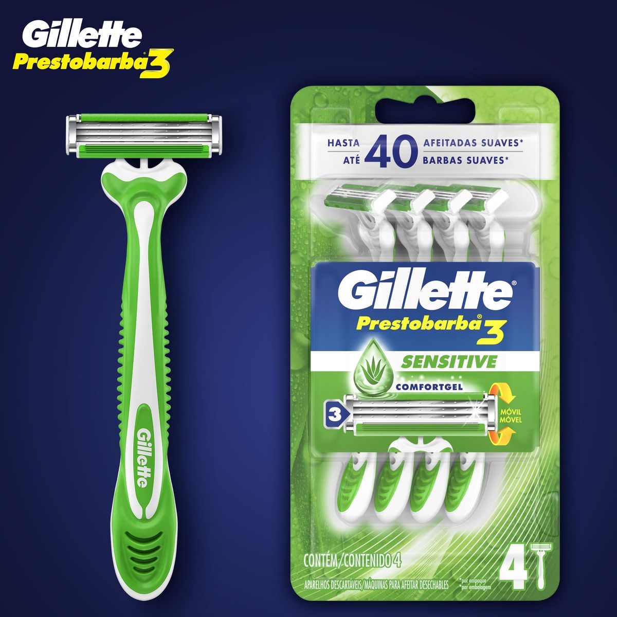 Aparelho de Barbear Gillette Prestobarba 3 Sensitive com 4 Unidades ...