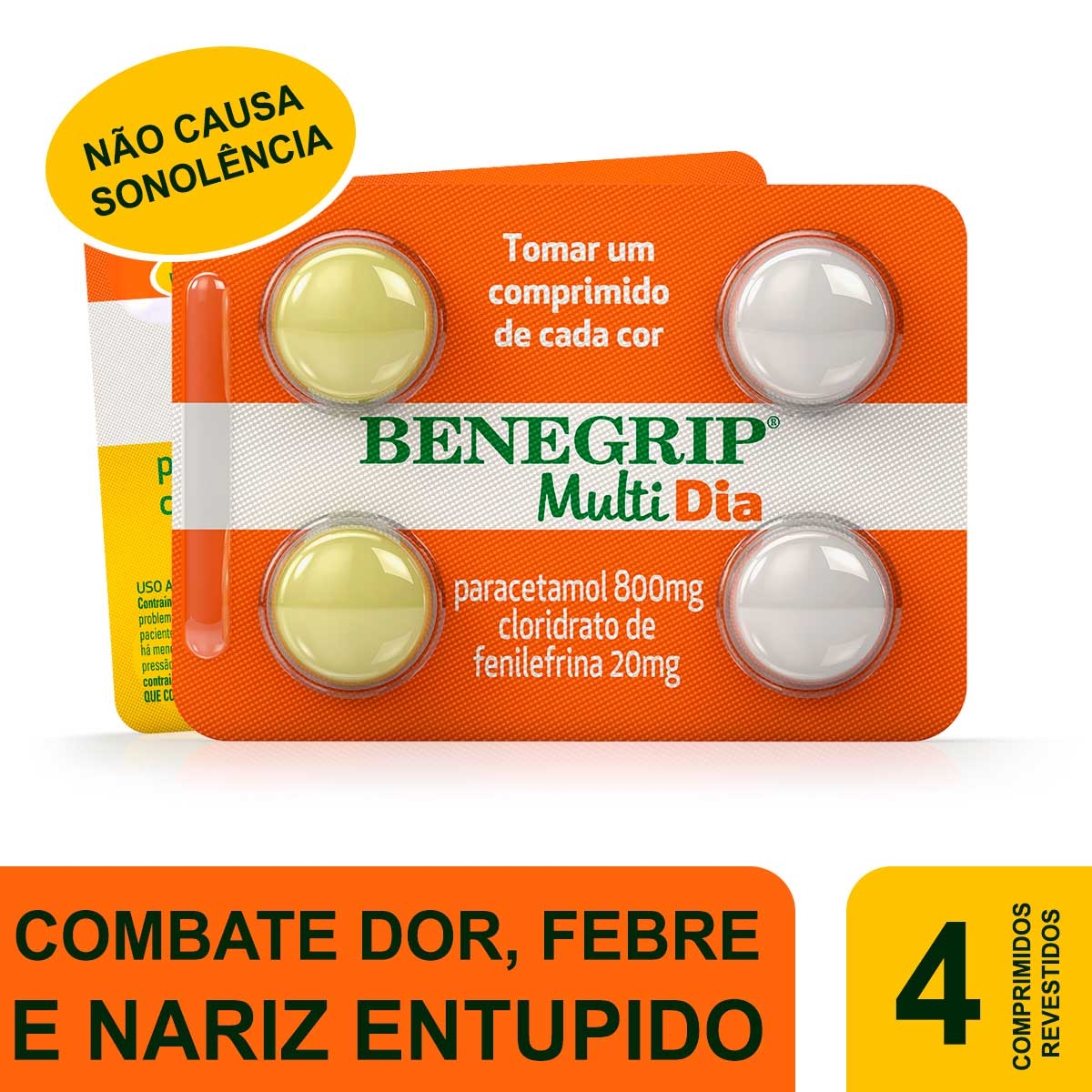 Benegrip Multi Dia 800mg + 20mg com 4 comprimidos | Droga Raia