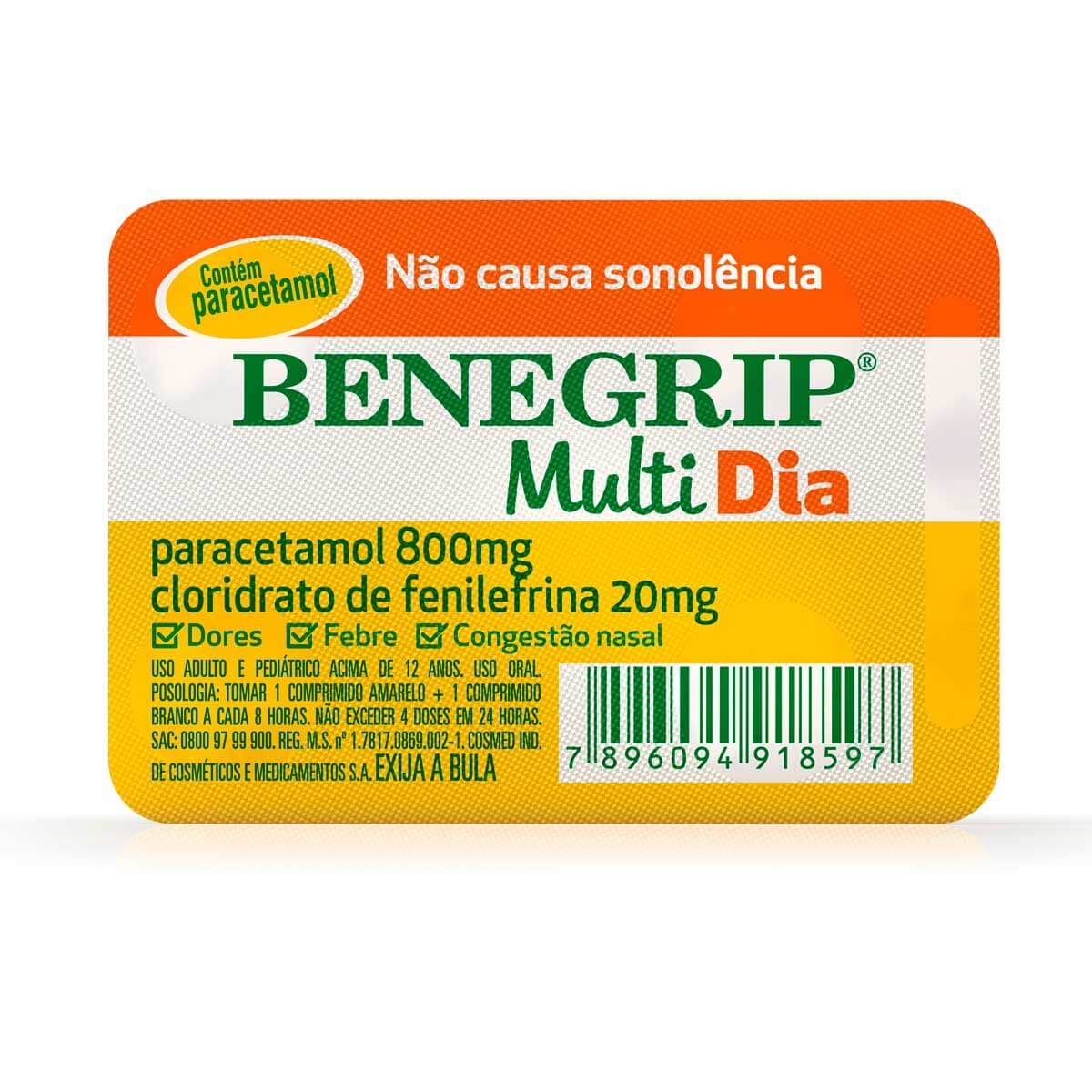 Benegrip Multi Dia 800mg + 20mg com 4 comprimidos | Droga Raia