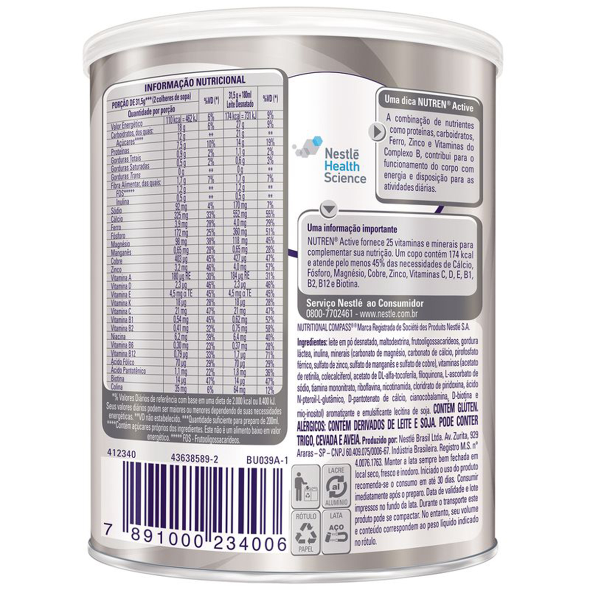 Nestle Nutren Active Complemento Alimentar Sabor Baunilha 400g | Droga Raia