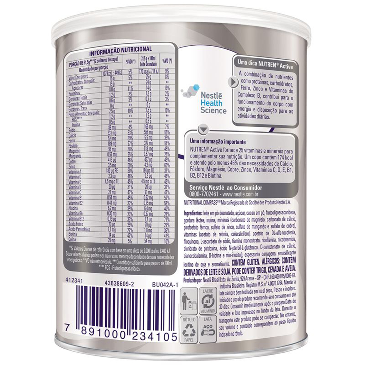 Nestle Nutren Active Complemento Alimentar Sabor Chocolate 400g | Droga ...