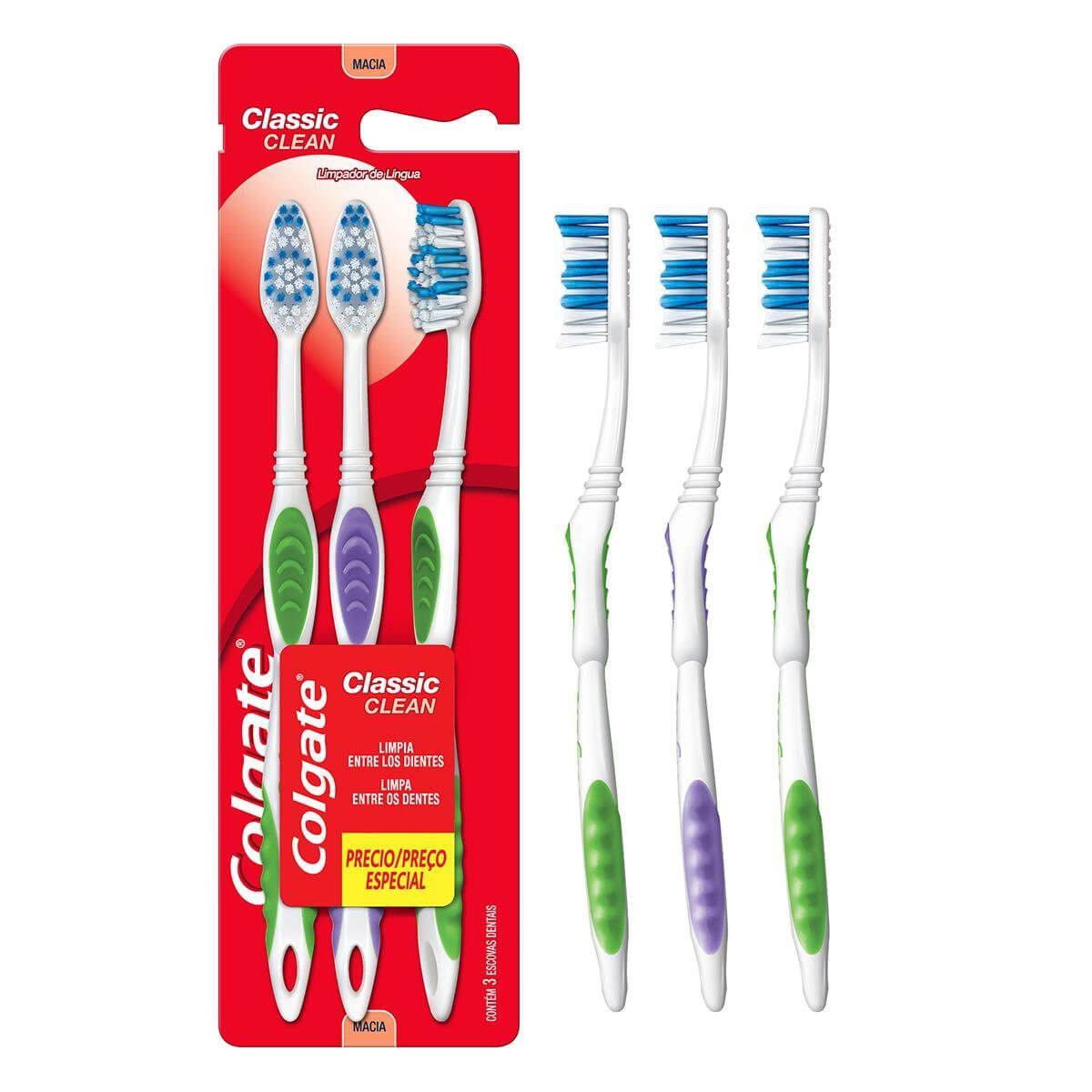 Escova de Dente Colgate Classic Clean com 3 Unidades | Droga Raia