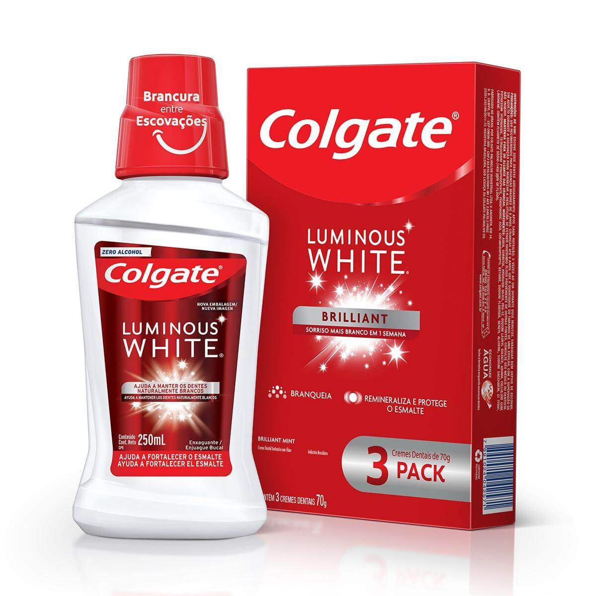 Kit Colgate Luminous White Brilliant Mint com 3 pastas de dente de 70g ...