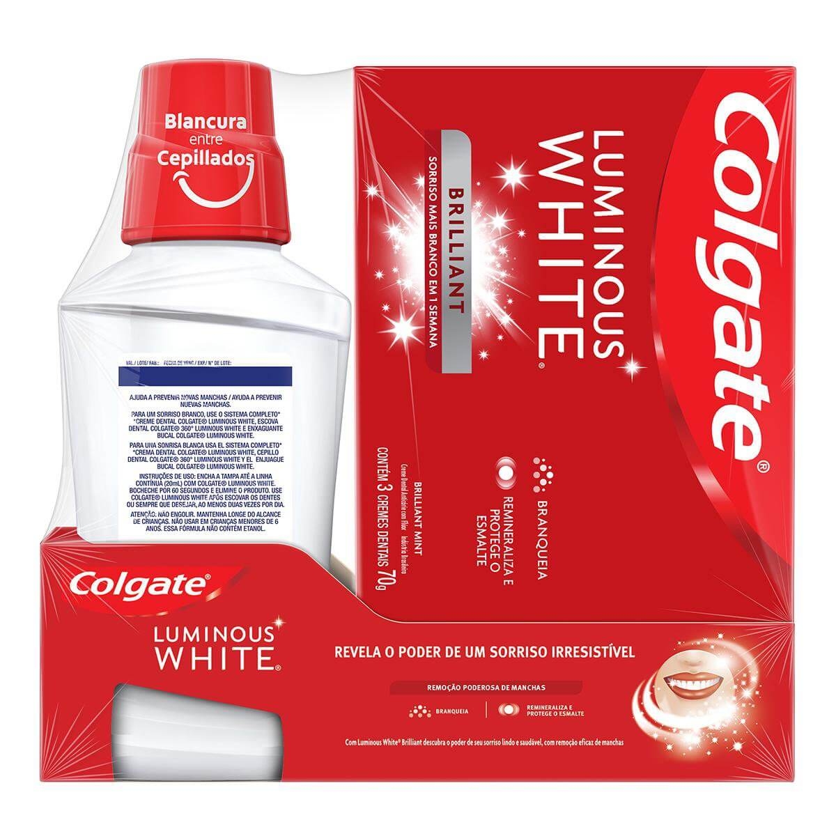 Kit Colgate Luminous White Brilliant Mint com 3 pastas de dente de 70g ...