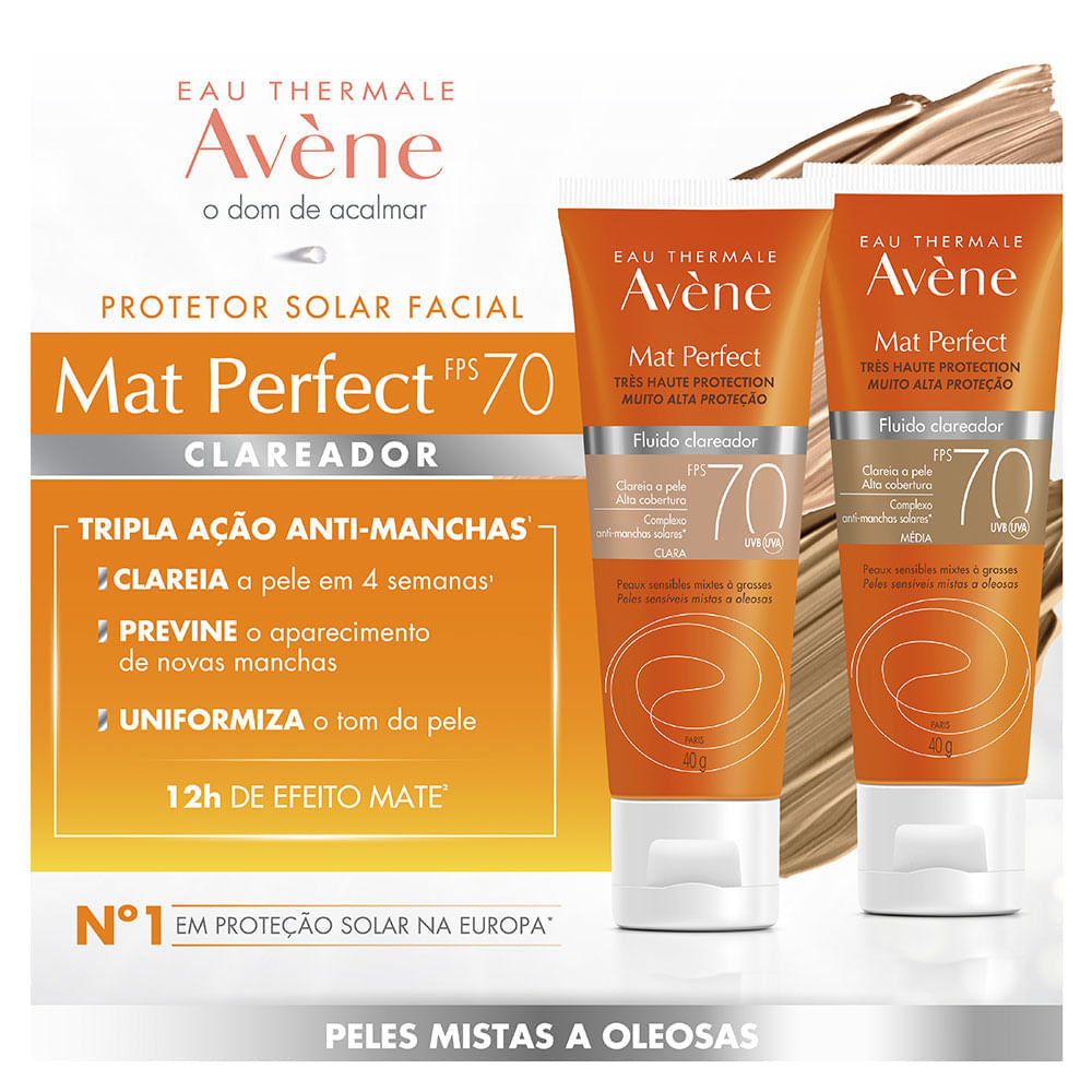 Protetor Solar Facial Avène Mat Perfect Fluido Clareador Média FPS70 ...