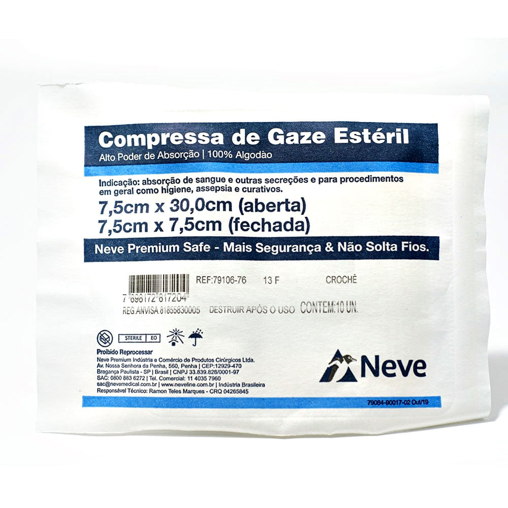 COMPRESSA GAZE NEVE ESTéRIL 13 FIOS 7.5X7.5CM CROCHê - 10 GAZES | Droga ...