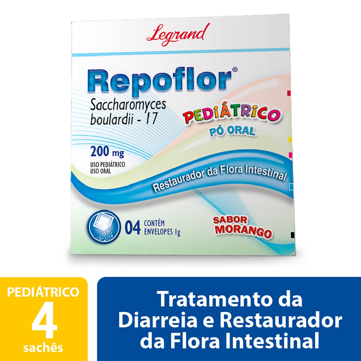 Repoflor Pediátrico 200mg Pó Oral Sabor Morango com 4 envelopes de 1g ...