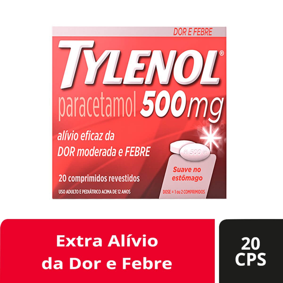 Tylenol 500mg com 20 Comprimidos | Droga Raia