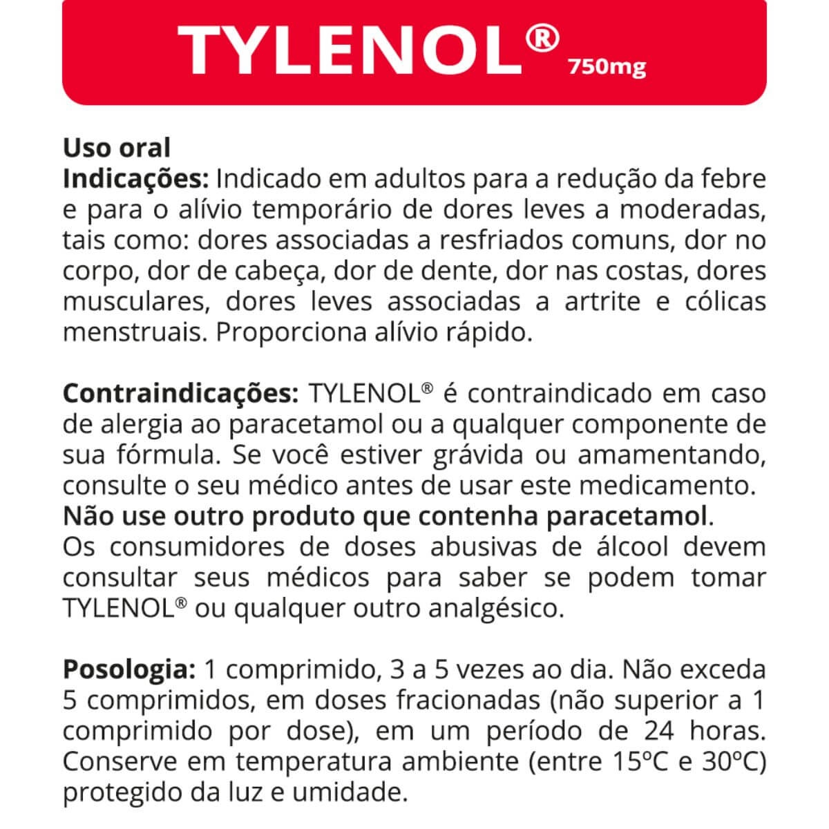 Tylenol 750mg com 20 comprimidos | Droga Raia